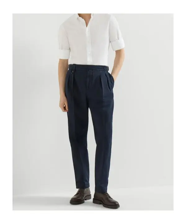 Brunello Cucinelli Cotton Chevron Trousers With Double Pleats And Waist Tabs - Navy Blue