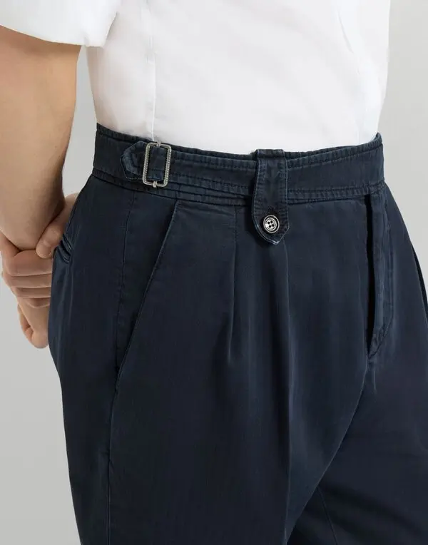 Brunello Cucinelli Cotton Chevron Trousers With Double Pleats And Waist Tabs - Navy Blue