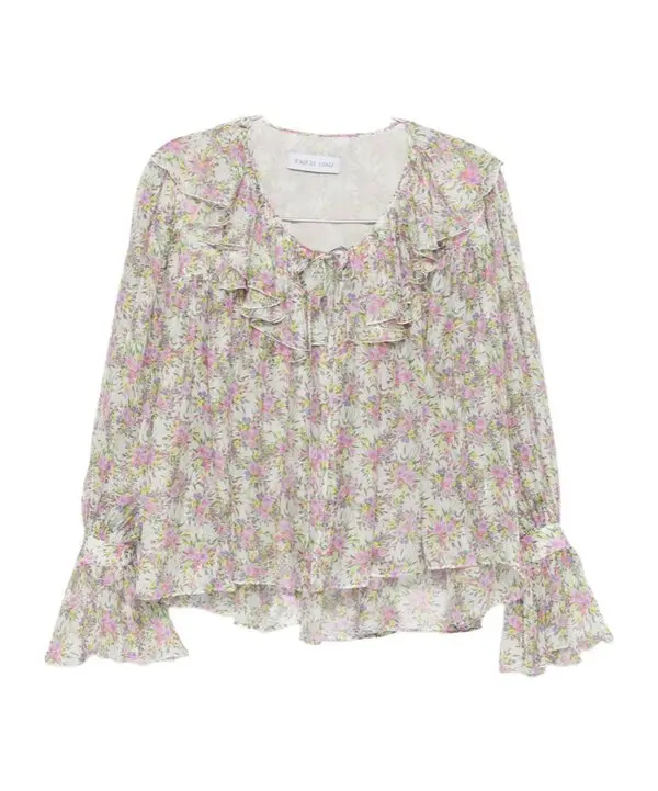 Raquel Diniz Floral Print Ruffled Neckline Long Sleeve Top - No