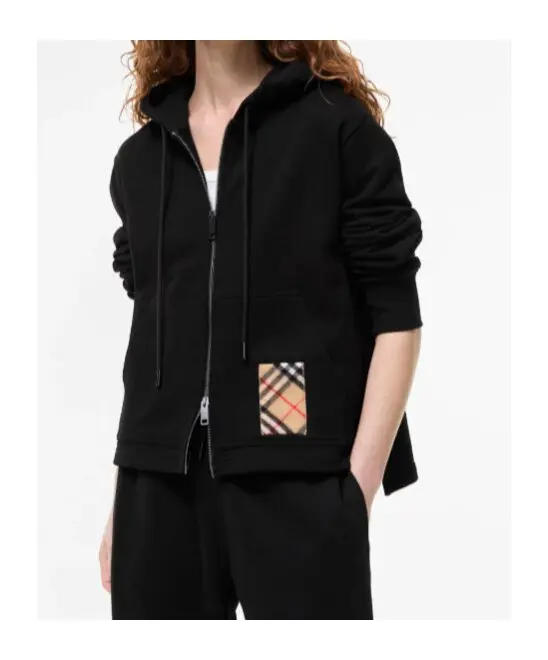 Burberry Check Label Cotton Zip Hoodie - Black