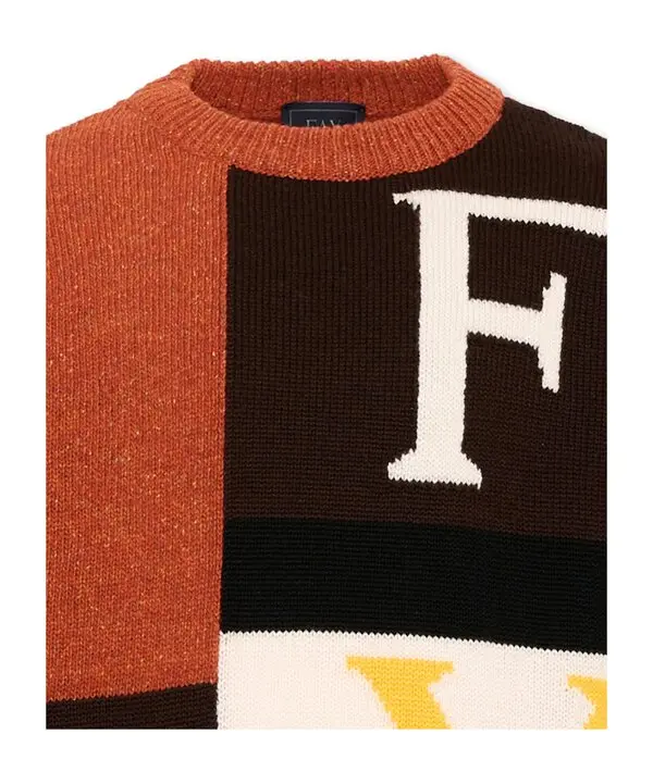 FAY Color Block Jacquard Logo Crewneck Sweater