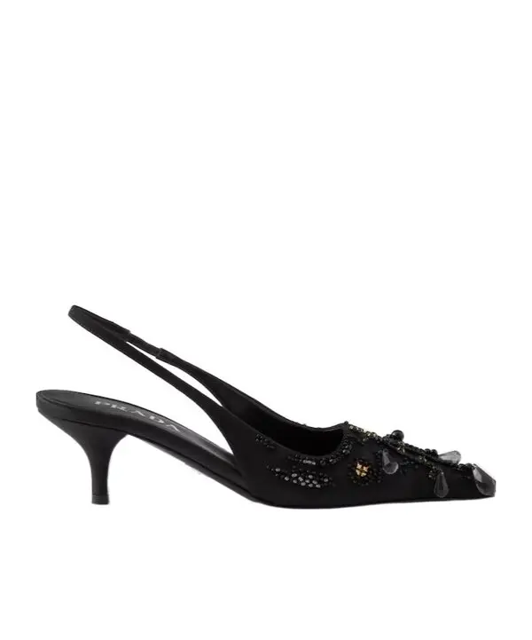 Prada Embroidered Satin Slingback Pumps - Black
