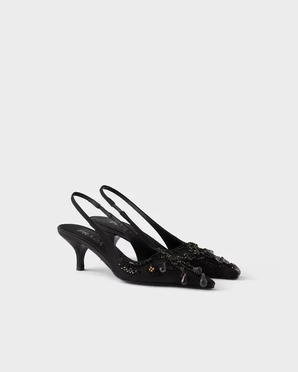 Prada Embroidered Satin Slingback Pumps - Black