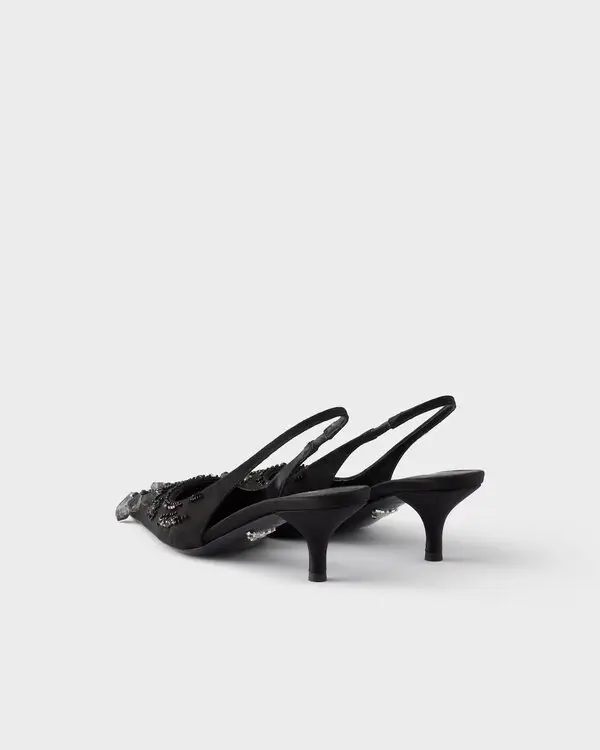 Prada Embroidered Satin Slingback Pumps - Black