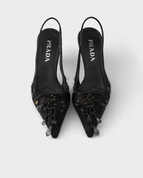 Prada Embroidered Satin Slingback Pumps - Black