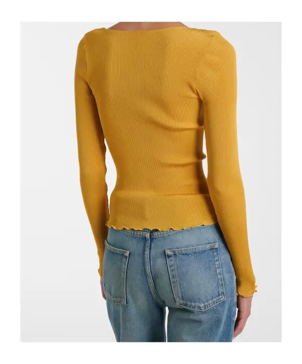 Saint Laurent Ribbed Long Sleeve Top With Logo Plaque - No