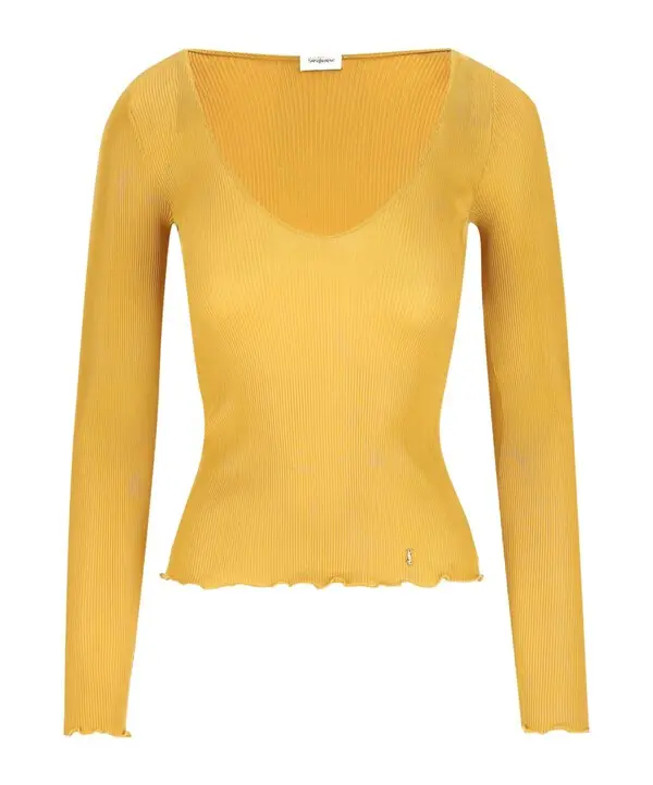 Saint Laurent Ribbed Long Sleeve Top With Logo Plaque - Yellow