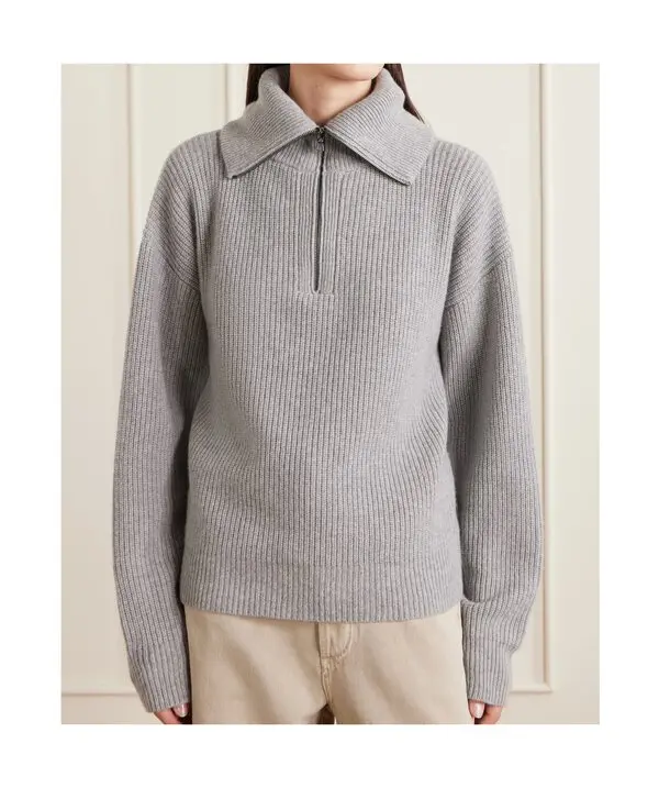 THE ELDER STATESMAN Runyon Ribbed Cashmere Half-zip Sweater - Silver
