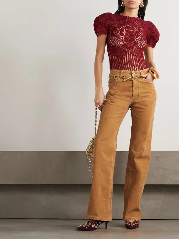 Rabanne Contrast Stitching High-waisted Flared Trousers - Camel
