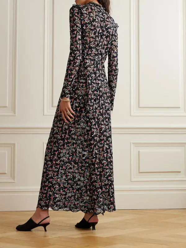 Rabanne Pleated Embroidered Lace Maxi Dress