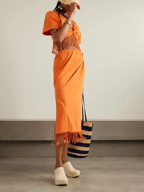 Rabanne Pleated Midi Skirt With Fringe And Embellishments