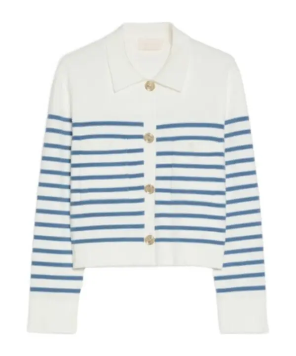 IBLUES Striped Boxy Cardigan With Collar And Patch Pockets - White