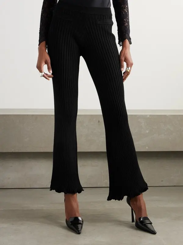 Rabanne Ribbed Knit Flare Trousers With Ruffle Hems