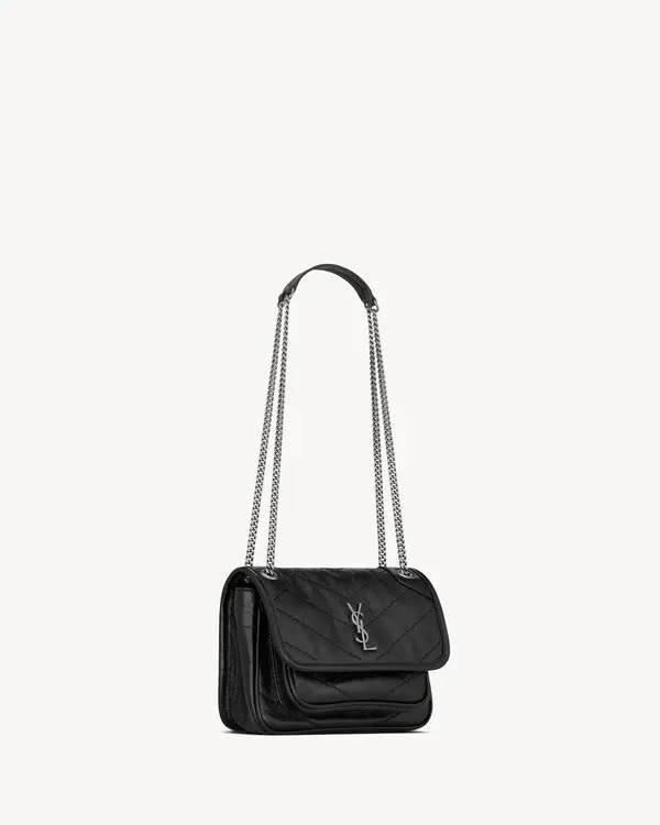 Saint Laurent Niki Baby In Vintage Leather With Chain Strap - Black