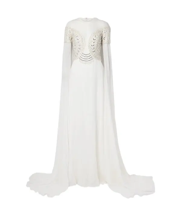 GEORGES HOBEIKA Embellished Georgette Gown With Tulle Trim