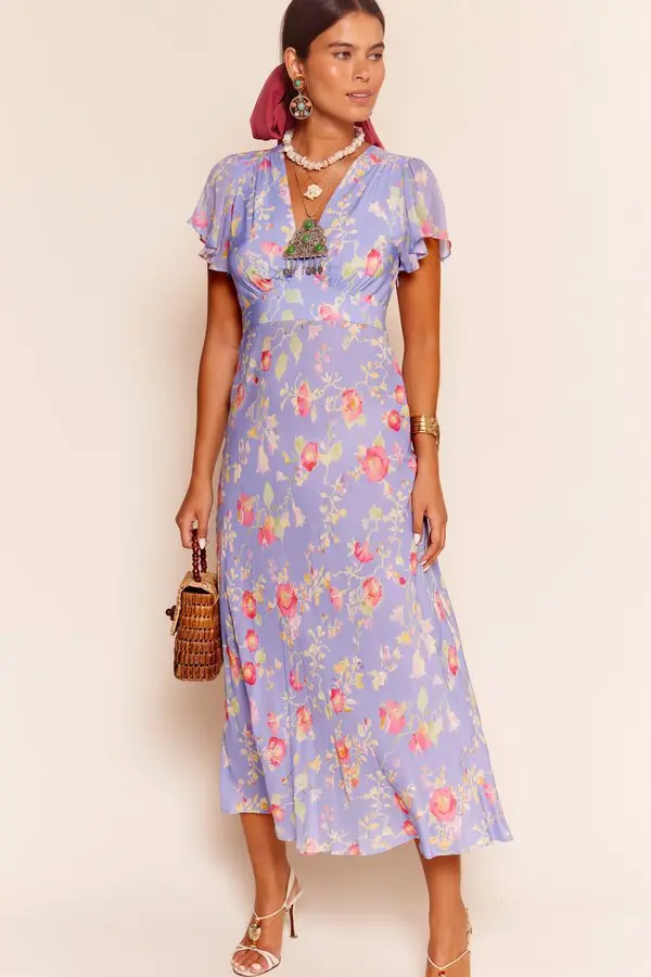 Rixo Florida Waterblossom Provence V-neck Midi Dress