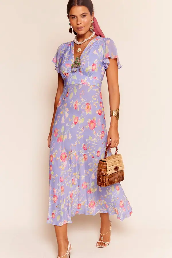 Rixo Florida Waterblossom Provence V-neck Midi Dress