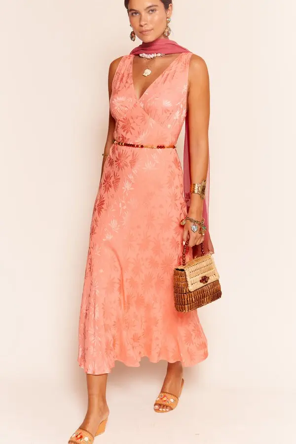 Rixo Sandrine Daisy Jacquard Coral Midi Dress