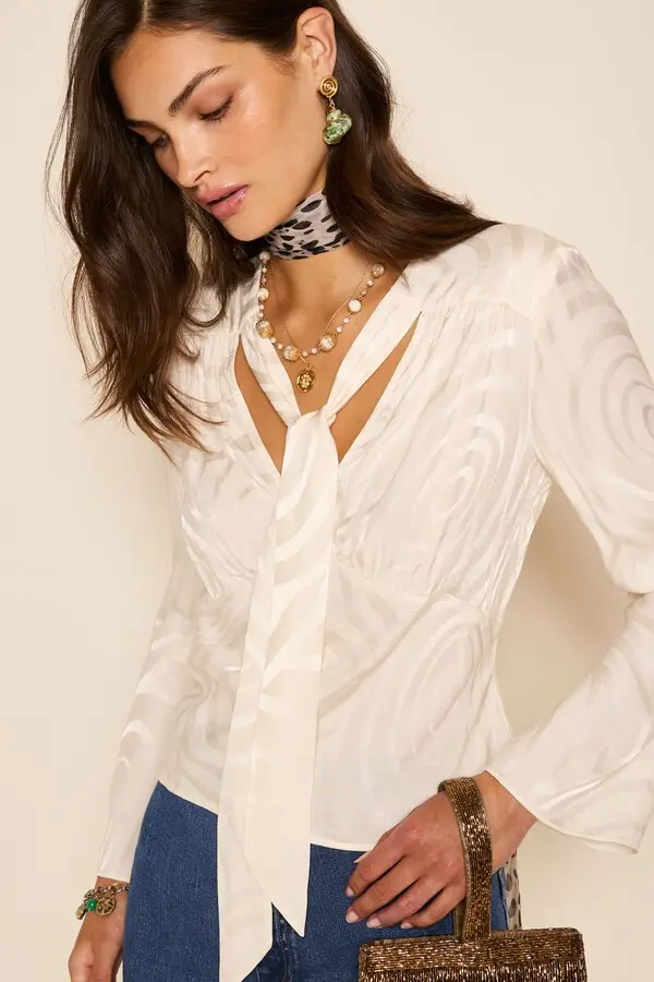 Rixo Abel Whirlpool Jacquard Cream Blouse - White