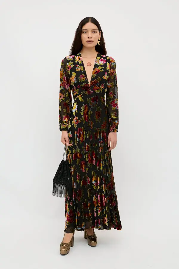 Rixo Emory Countryside Devoré Black Maxi Gown - Multi