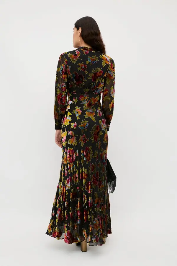 Rixo Emory Countryside Devoré Black Maxi Gown - Multi