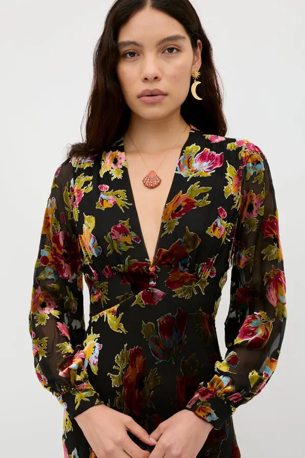 Rixo Emory Countryside Devoré Black Maxi Gown - Multi