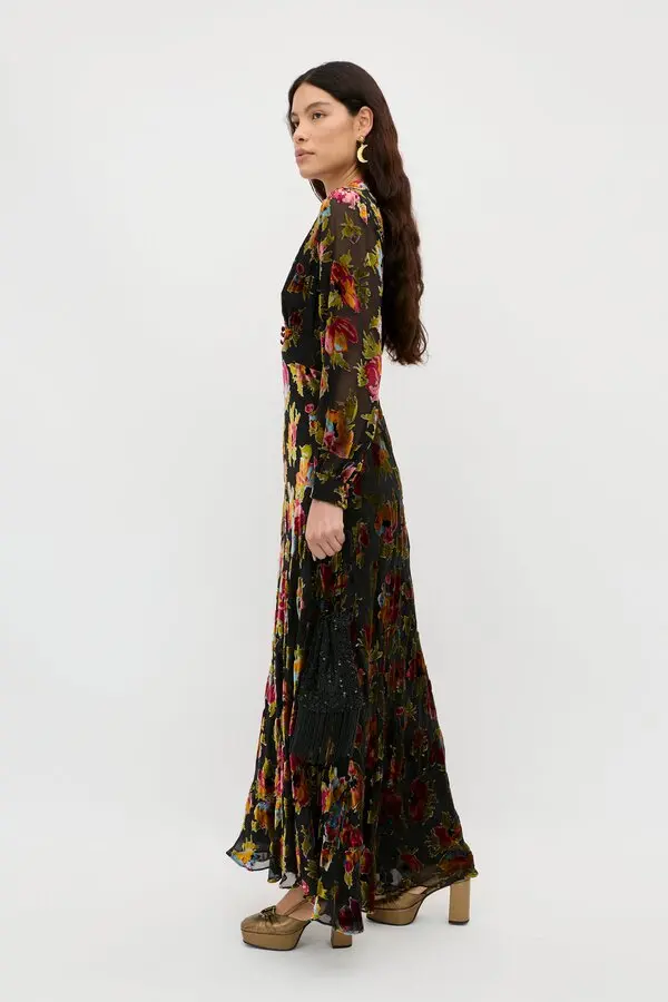 Rixo Emory Countryside Devoré Black Maxi Gown - Multi