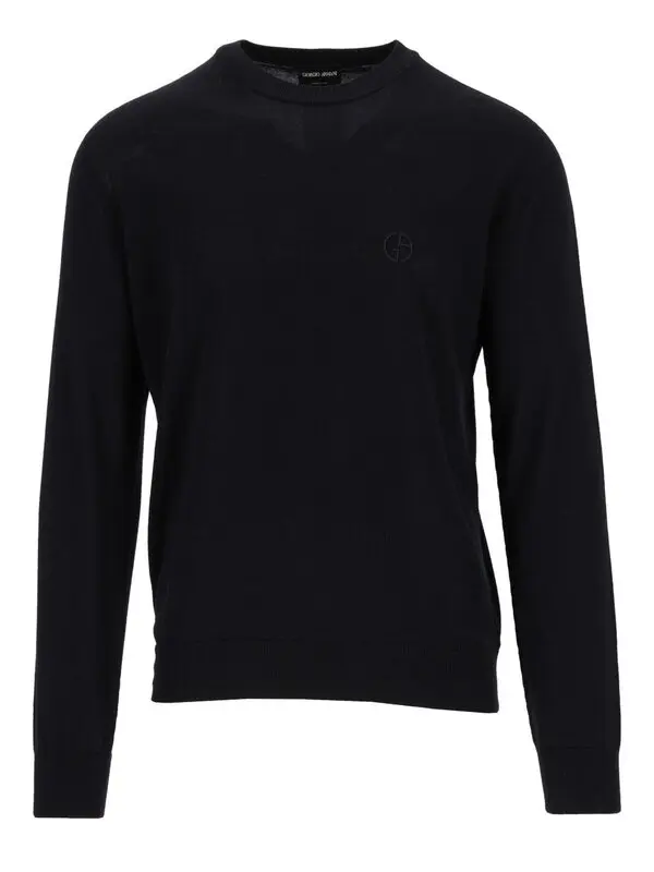 Giorgio Armani Crew Neck Wool Sweater With Embroidered Logo - Blue