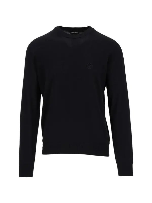 Giorgio Armani Crew Neck Wool Sweater With Embroidered Logo - Blue