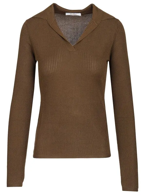 Max Mara Silk And Cashmere Blend Ribbed Knit Polo Top - Green