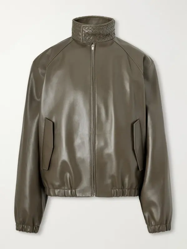 Bottega Veneta Leather Blouson Jacket With Intrecciato Trim - Green