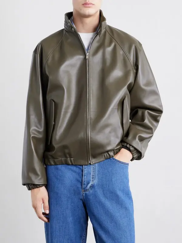 Bottega Veneta Leather Blouson Jacket With Intrecciato Trim - Green