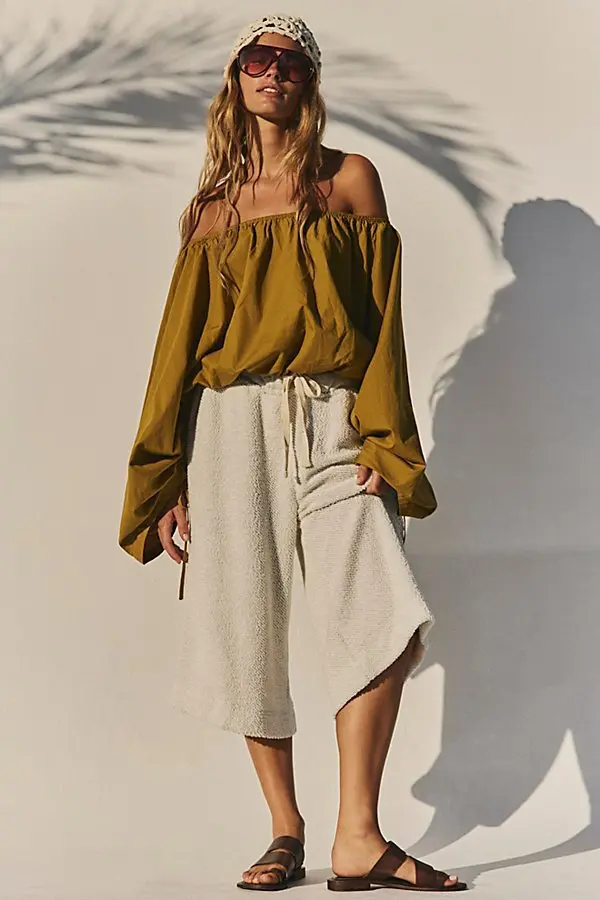 Free People Terry Cloth Relaxed Fit Shorts With Side Stripes