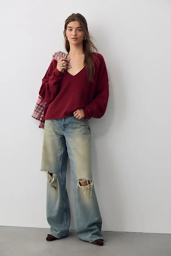 Free People See Me V-neck Pullover - Cabernet