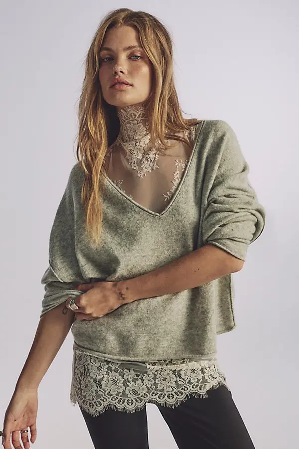Free People See Me V-neck Pullover - Heather Grey