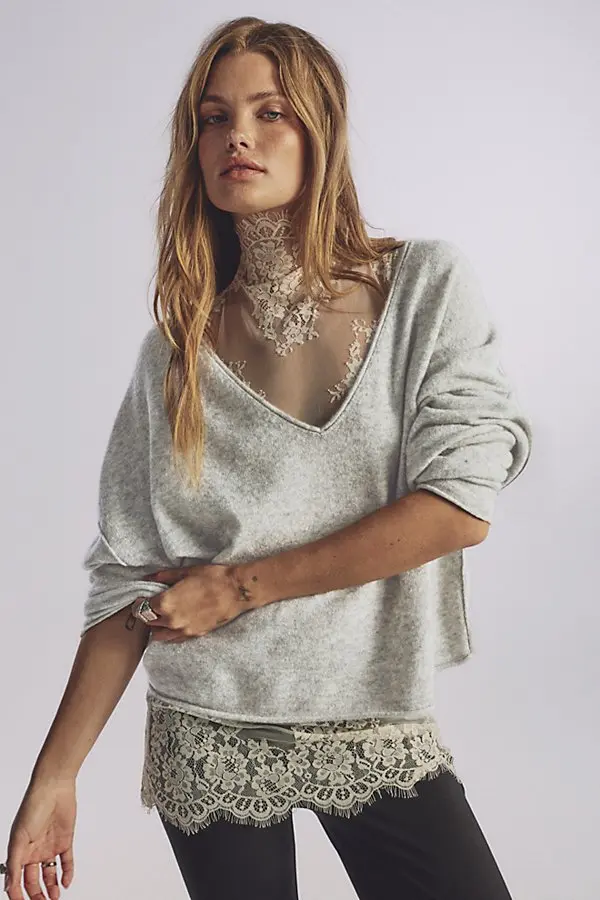 Free People See Me V-neck Pullover - Heather Grey