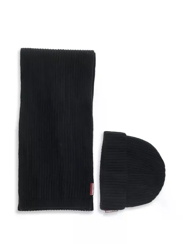 Dsquared2 Wool Ribbed Knit Beanie And Scarf Set - Black