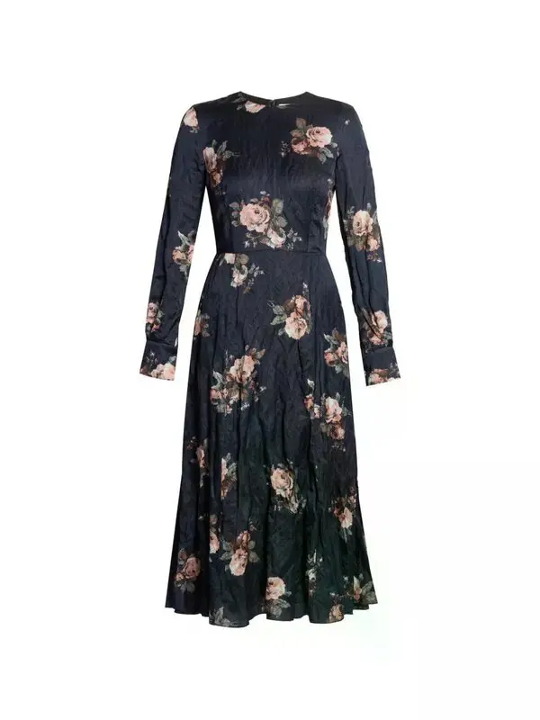 Erdem Floral Pattern Textured Long Sleeve Dress - Black