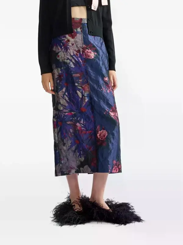 Erdem Archive Patchwork Crinkled Midi Skirt - Blue