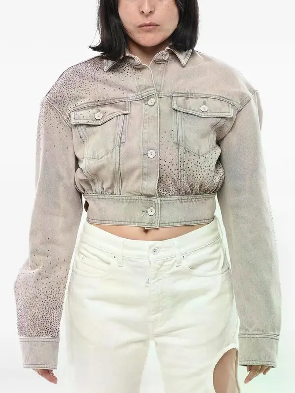 Off-White Rhinestone Embellished Cropped Denim Jacket
