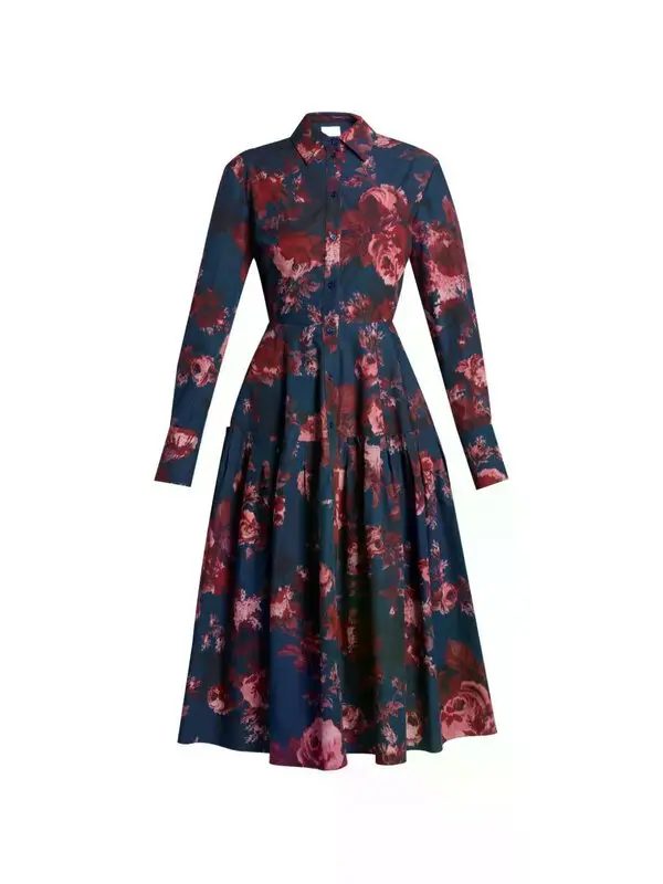 Erdem Floral Print Long Sleeve Shirt Dress - Blue