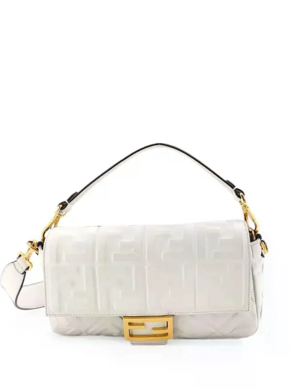 Fendi Baguette Nm Bag Zucca Embossed Leather Medium Crossbody Bag - White