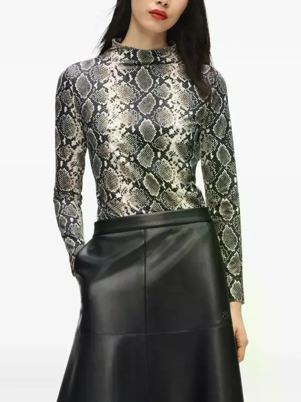 Karl Lagerfeld Snake Print Mock Neck Long Sleeve Top - Black