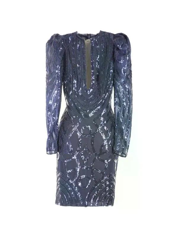 GEMY MAALOUF Sequin Embellished V-neck Puff Shoulder Dress - Blue