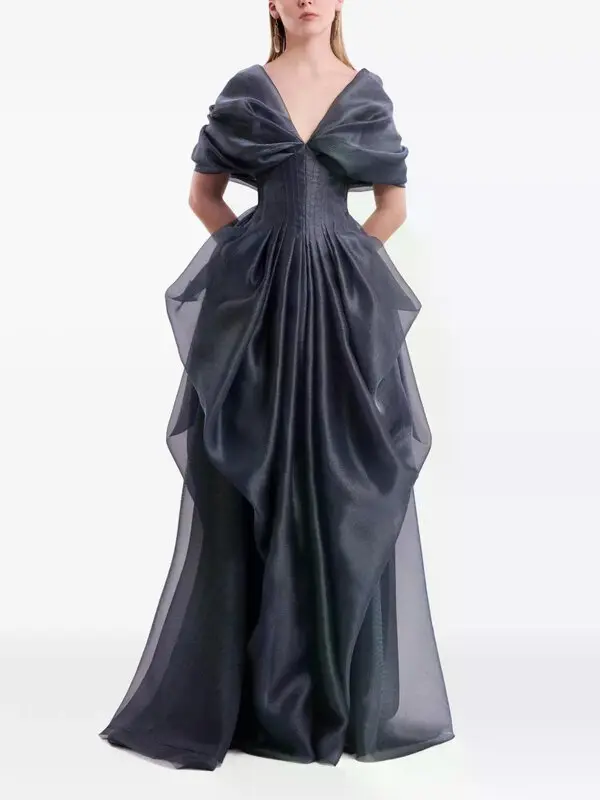 GEMY MAALOUF Draped V-neck Gown With Off-the-shoulder Sleeves - Grey