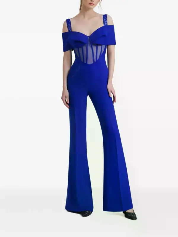 GEMY MAALOUF Royal Bow-detail Off-the-shoulder Flared Jumpsuit - Blue