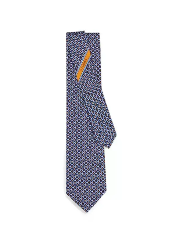 FERRAGAMO Gancini Links Print Silk Neck Tie - Blue
