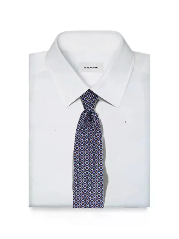 FERRAGAMO Gancini Links Print Silk Neck Tie - Blue