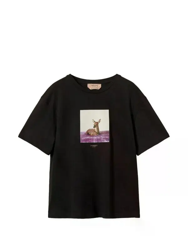 TWINSET Graphic Print Crewneck Cotton T-shirt - Black