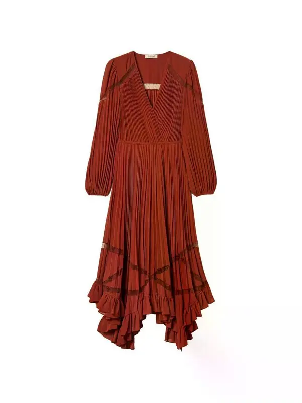 TWINSET Long Pleated Georgette Dress With Plumetis Tulle Inserts